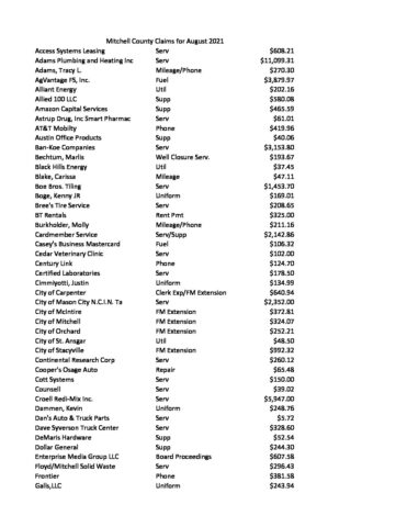 August 2021 Claims – Mitchell County, IA