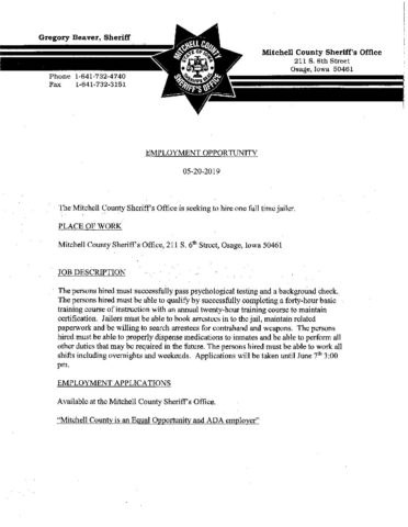 Jailer – Mitchell County, IA
