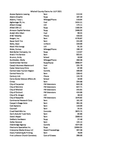 July 2021 Claims – Mitchell County, IA
