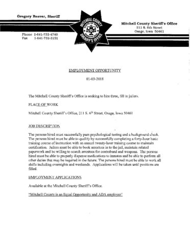 Mitchell County Jailer Position – Mitchell County, IA